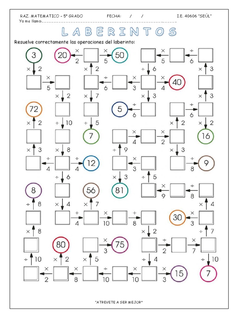 Laberinto de Operaciones Matemáticas 5° | PDF