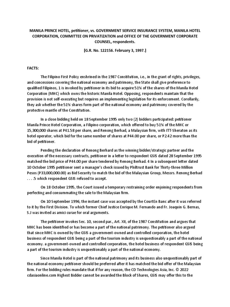 Case Digest_Manila Prince Hotel vs GSIS | PDF | Property | Philippines
