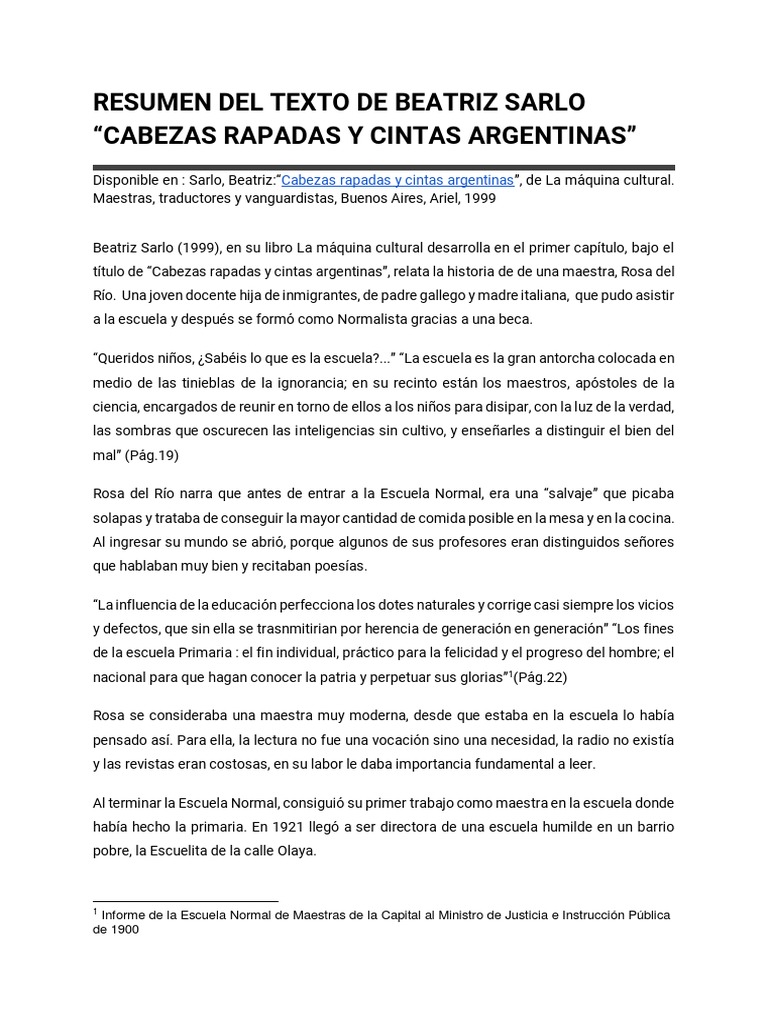 Resumen - Beatriz Sarlo - Cabezas Rapadas y Cintas Argentinas" | PDF