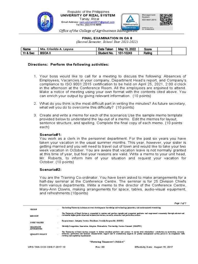 URS Final Exam OA 8 Memo Notices | PDF | Quality Management ...
