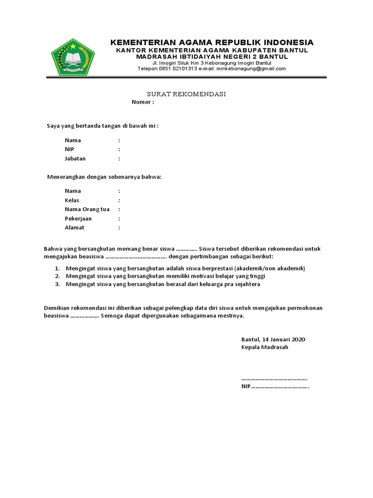 Surat Rekomendasi Siswa | PDF