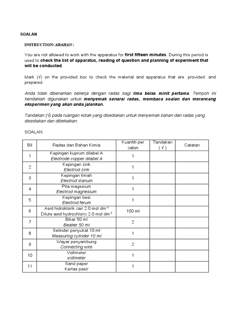 SOALAN Amali Kimia | PDF
