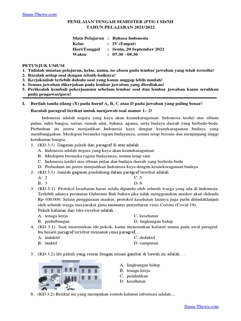 Soal & Jawaban PTS Bahasa Indonesia Kelas 4 Semester 1 Tahun 2021 Sinau-Thewe | PDF