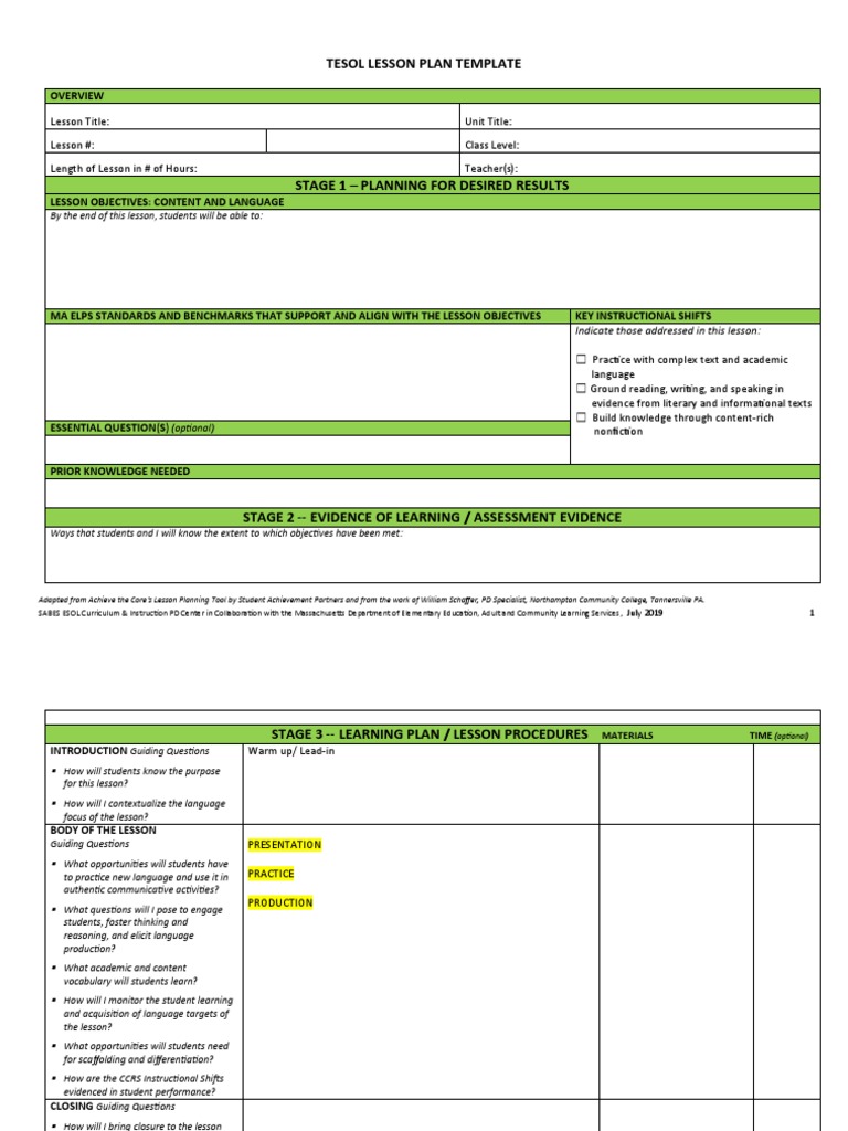 Esol Lesson Plan Template | PDF | Lesson Plan | English As A Second Or ...