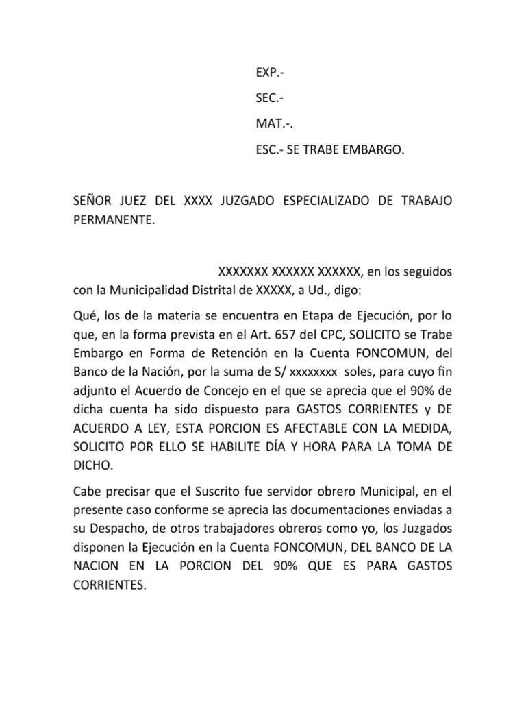 Solicito Se Trabe Embargo - Municipalidad | PDF | Justicia | Crimen y ...