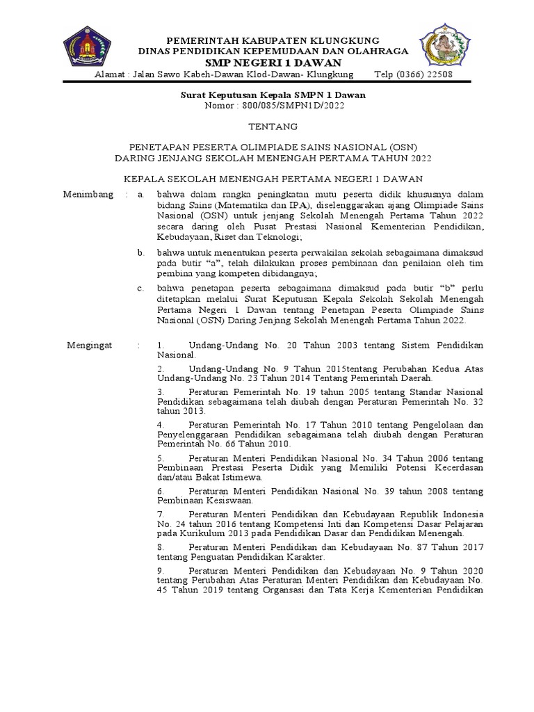 Format SK Kepsek Tentang Penetapan Peserta Osn SMP 2022 | PDF