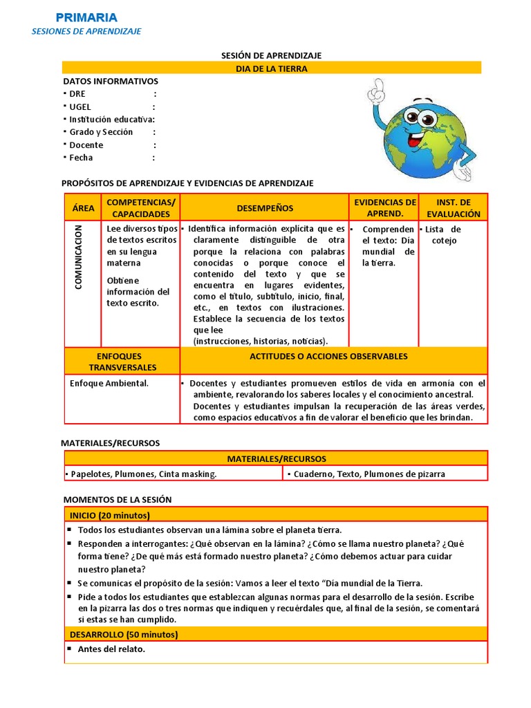Sesion Dia de La Tierra | PDF | Aprendizaje | Método de enseñanza