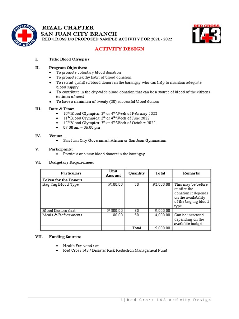 Activity Design Red Cross 143 Blood Olympics | PDF | Blood Donation ...