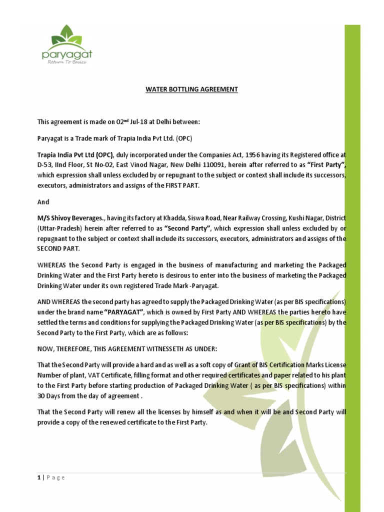 Water Bottle Agreement PDF | PDF | Employment | Legal Liability