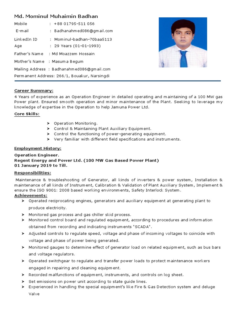 Resume - Badhan - B.SC in EEE. - Jamuna Power | PDF | Instrumentation | Electrical Engineering