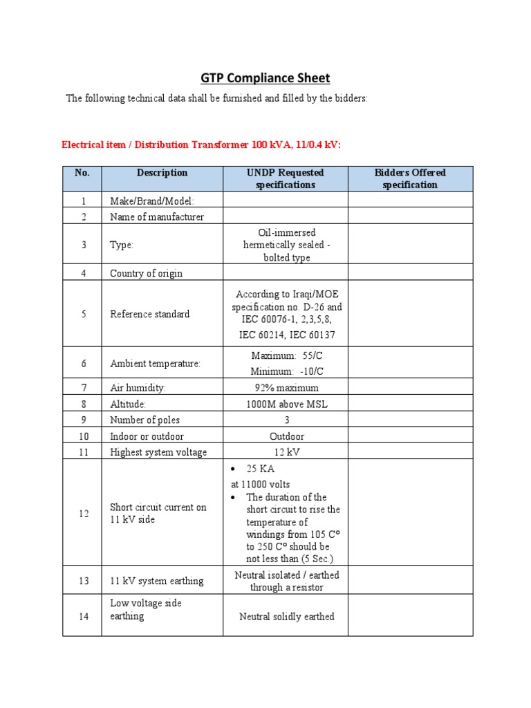 GTP_Compliance Sheet Rev2 | PDF | Transformer | Insulator (Electricity)