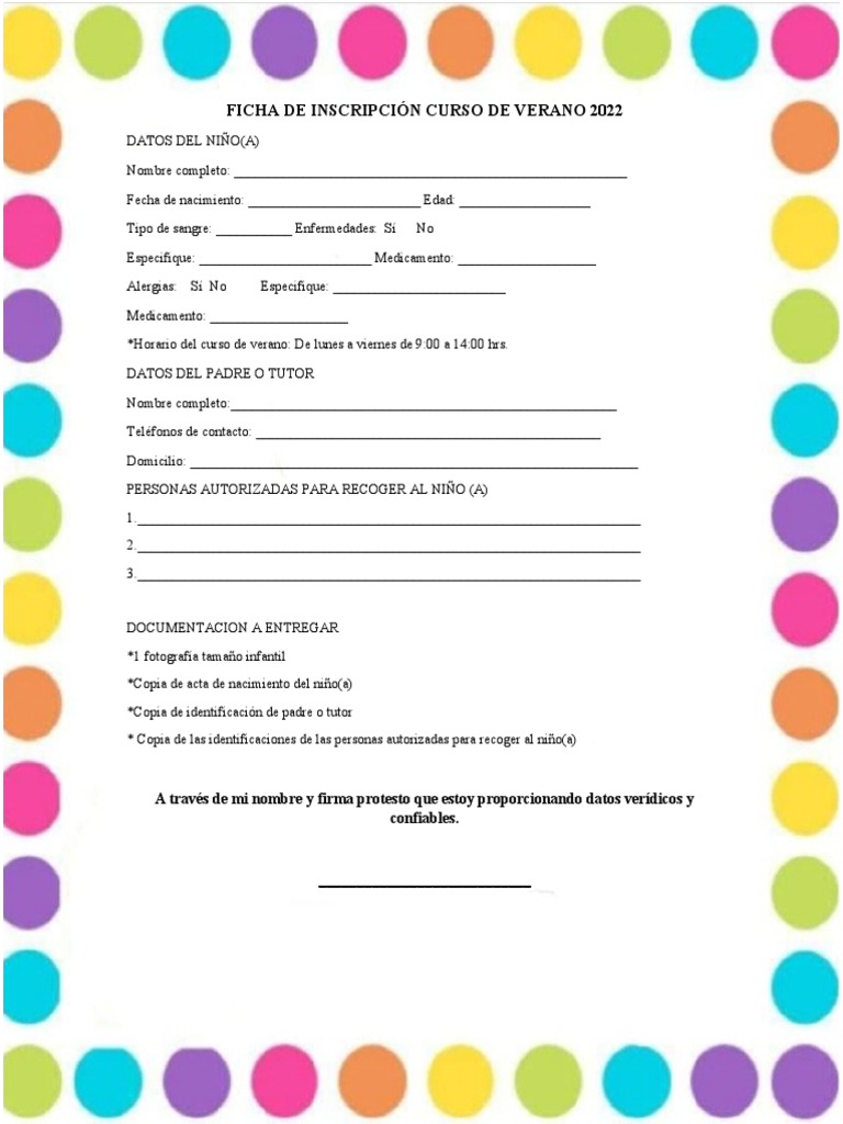 Ficha de Inscripción Curso de Verano 2022 | PDF