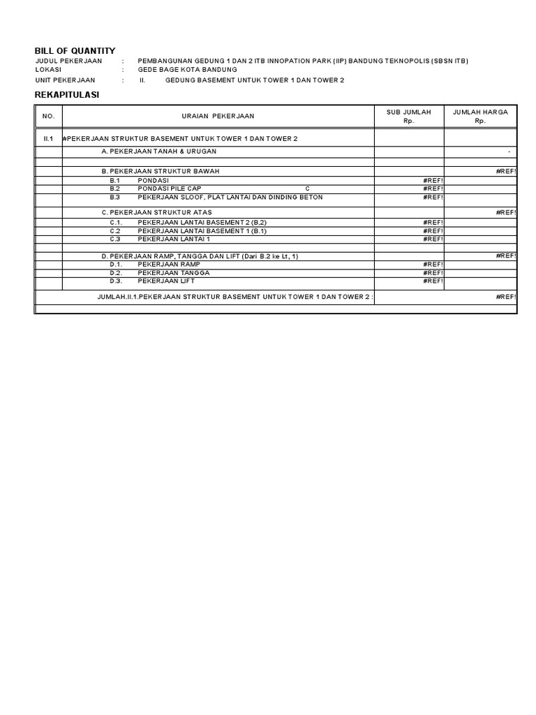 BILL OF QUANTITY FOR BASEMENT STRUCTURE OF TOWER 1 AND 2 BUILDINGS | PDF