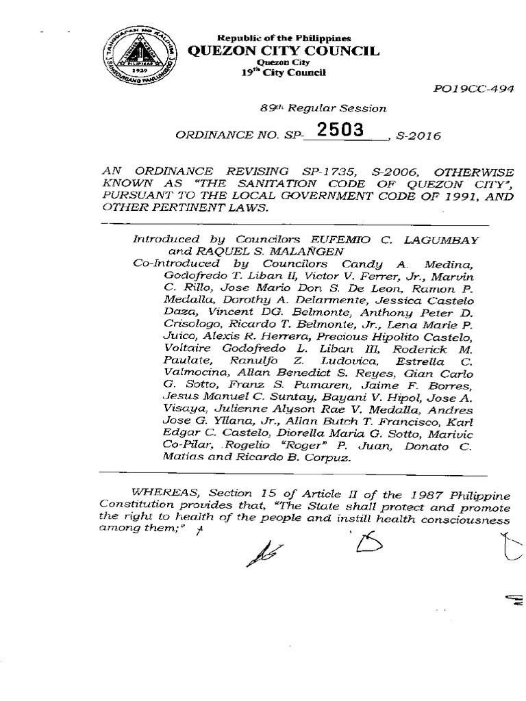 sp-2503, s-2016-1 Quezon City Sanitation Code | PDF