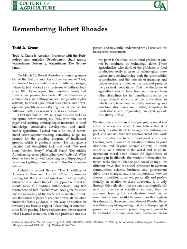 Remembering Robert Rhoades: Todd A. Crane | PDF | Anthropology | Scientist