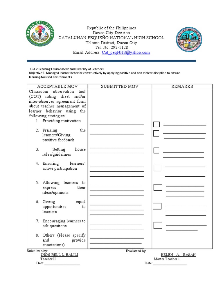 KRA 2 OBJECTIVE 5 Managed Learner Behavior Constructively by Applying ...
