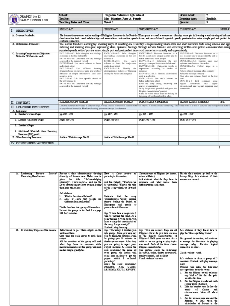 Grade 7 English DLL Third Quarter 1 | PDF | Teaching Method | Learning