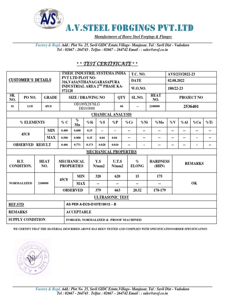 AVS steel forging test certificate | PDF | Metals | Physical Sciences