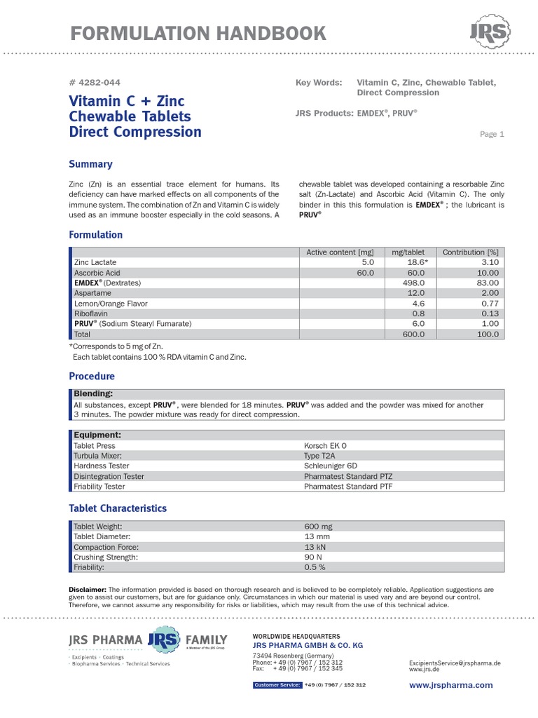 JRS Formulation Handbook - Vitamin-C-Zink Chewable Tab | PDF | Tablet ...