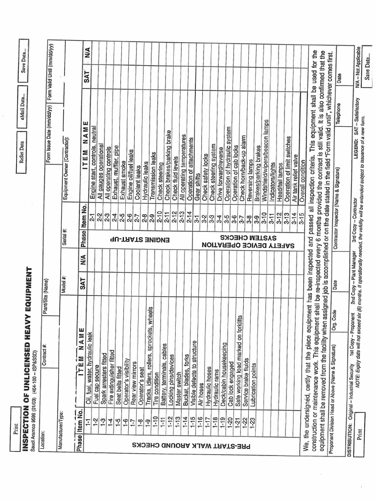 Aramco Check List For Heavy Equipment | PDF