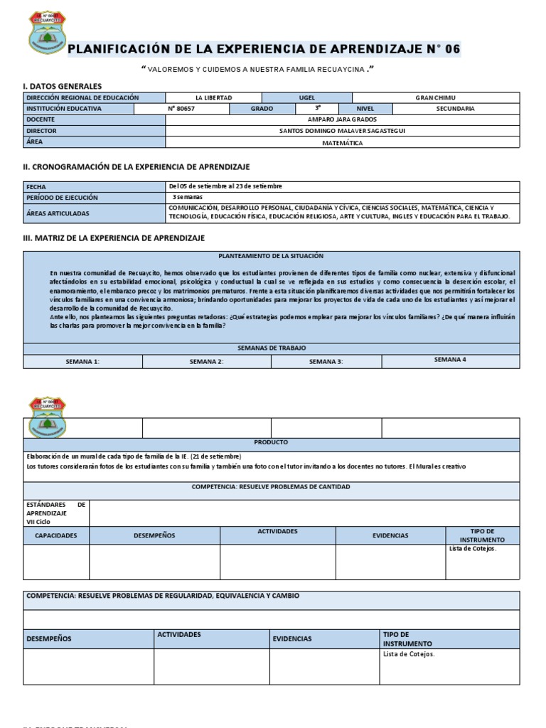 Planificación de La Experiencia de Aprendizaje 6 - Tercero | PDF | Aprendizaje | Evaluación