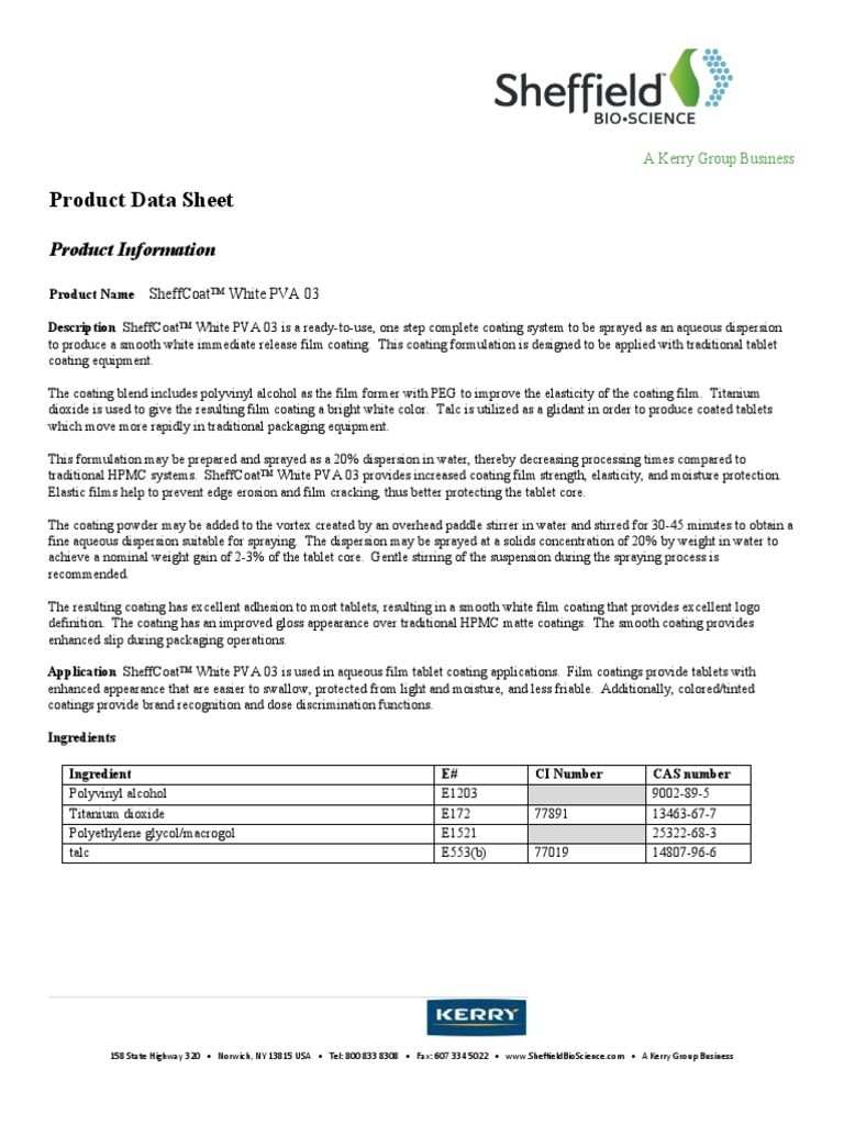 Product Datasheet - Sheffcoat™ White PVA 03 | PDF | Tablet (Pharmacy ...