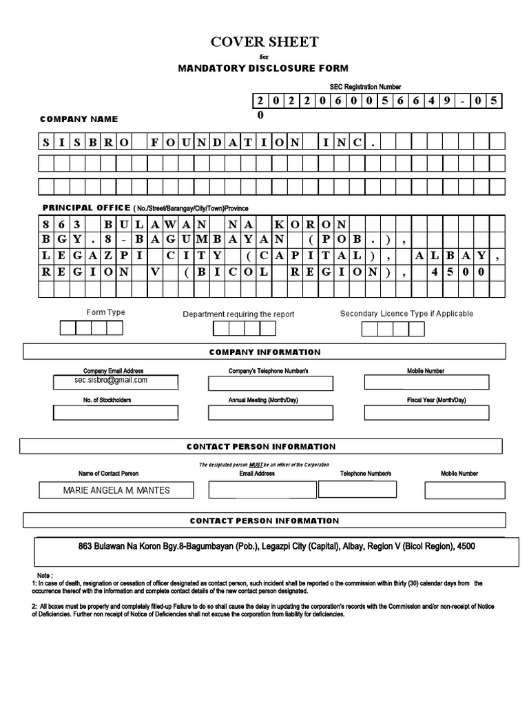 Cover Sheet For Mandatory Disclosure Form | PDF | Business | Justice