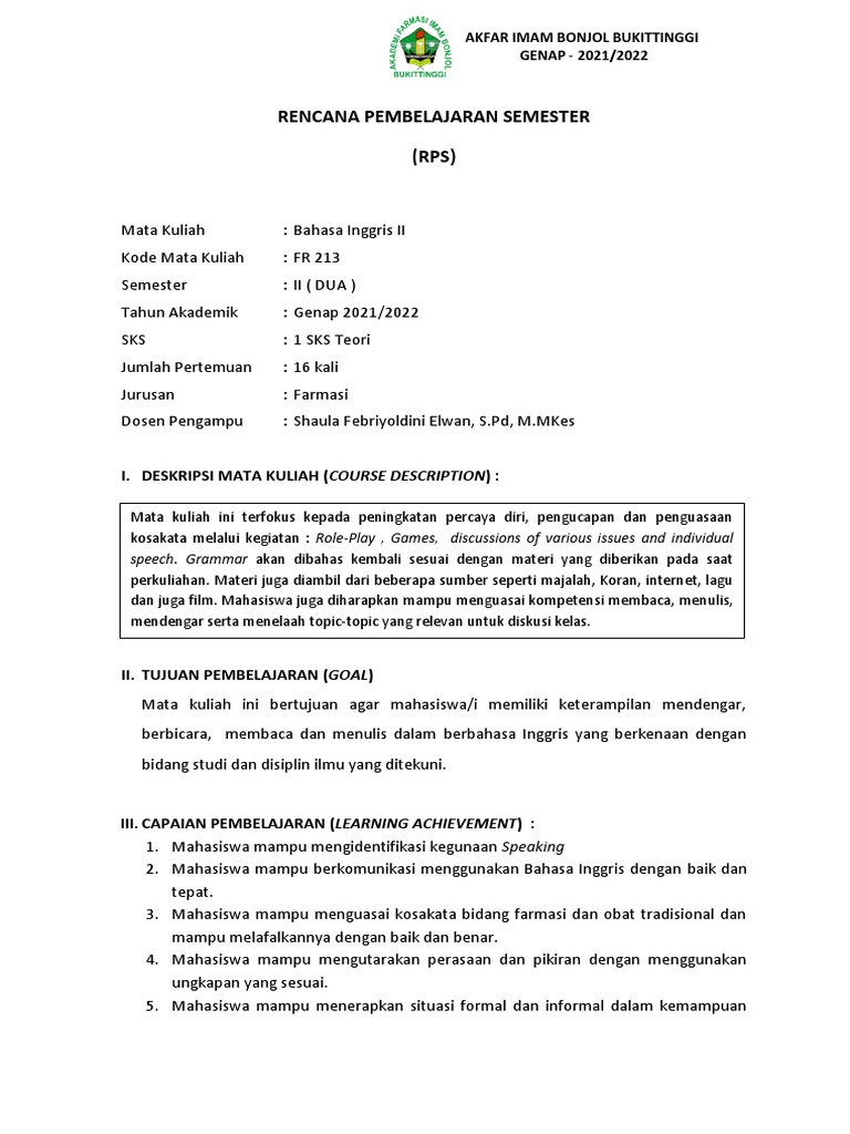 RPS Bahasa Inggris Semester Genap 2021-2022 | PDF