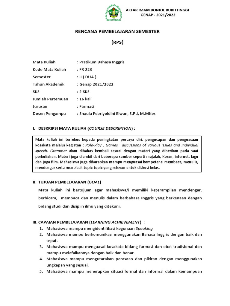 RPS Bahasa Inggris Praktikum Semester Genap 2021-2022 | PDF