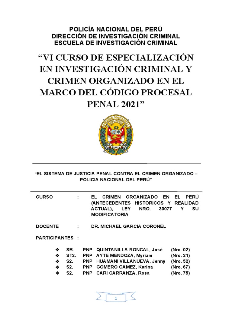 Vi Curso de Especialización en Investigación Criminal y Crimen Organizado en El Marco Del Código ...