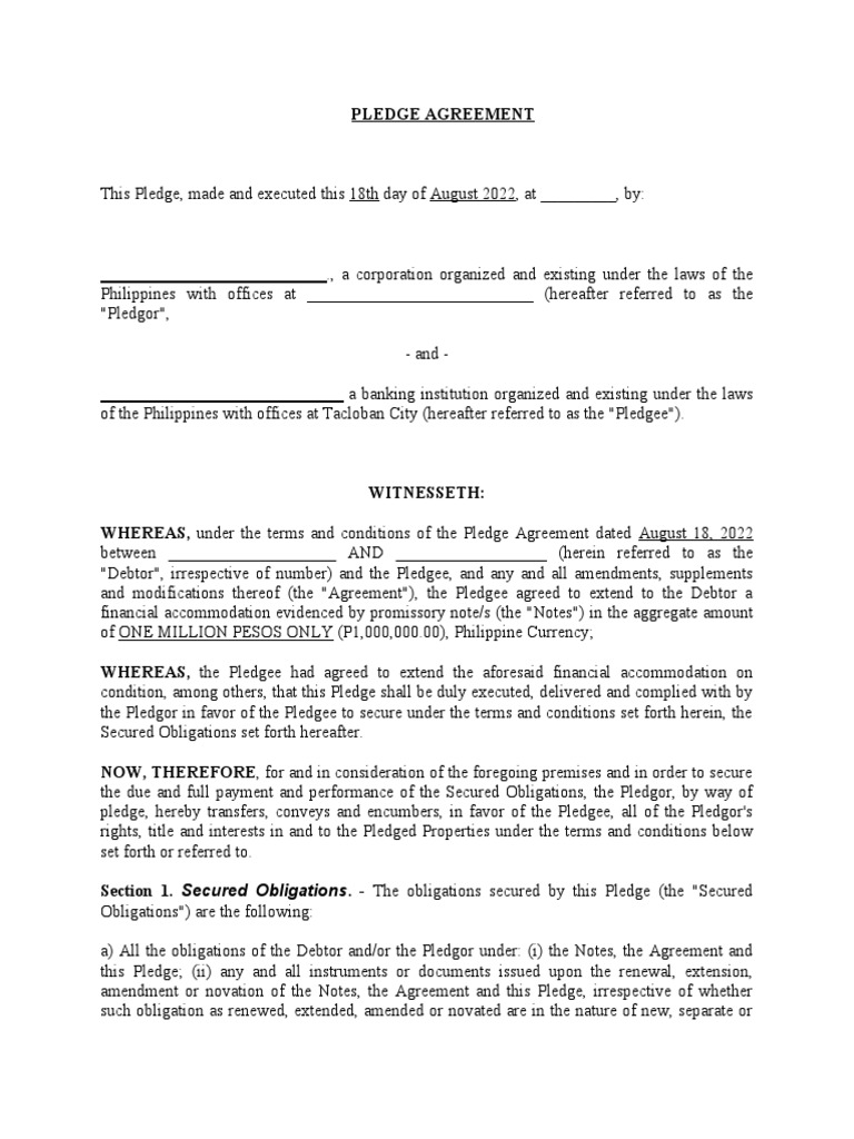 Pledge Agreement | PDF | Stocks | Deed