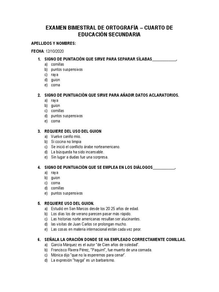 Examen de Ortografía: Comillas y Guiones | PDF | Puntuación | Comillas