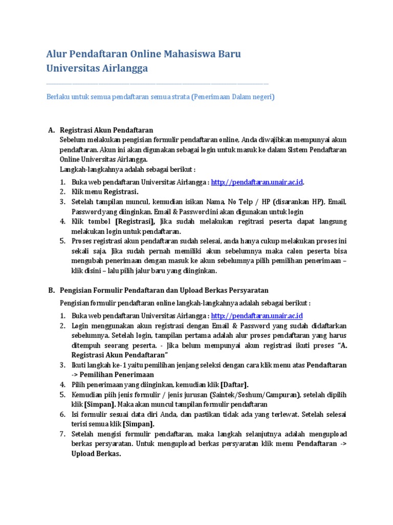 Alur Pendaftaran Online Mahasiswa Baru Universitas Airlangga | PDF Alur Pendaftaran Online Mahasiswa Baru Universitas Airlangga | PDF
