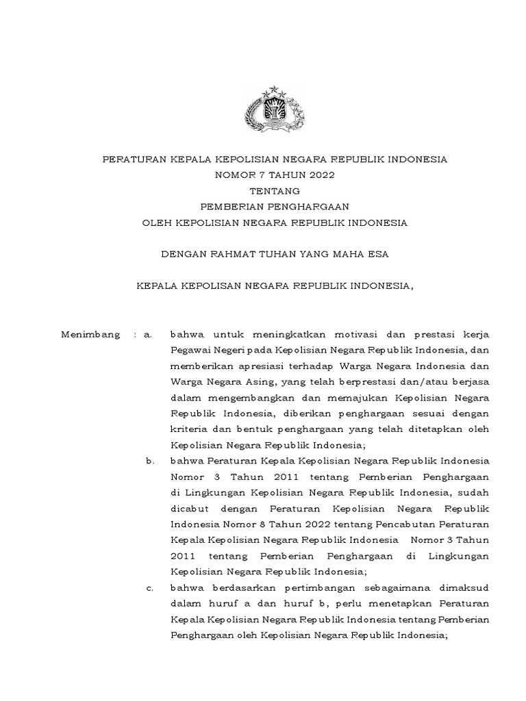 Perkap Nomor 7 TH 2022 TTG Pemebrian Penghargaan Oleh Polri | PDF