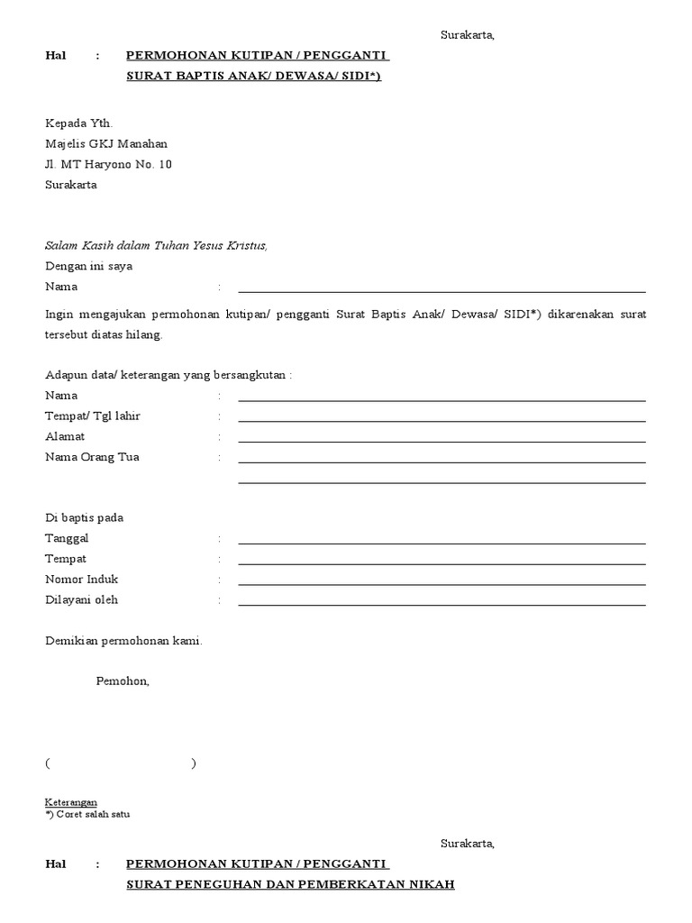 Blangko Permohonan Kutipan Atau Pengganti Baptis Anak Dewasa SIDI Nikah ...