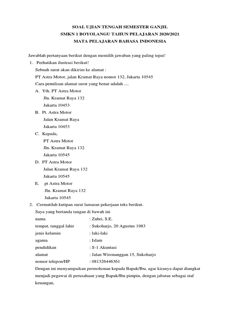 SOAL UTS SMT GANJIL MAPEL BIN KELAS XII TH 2020-Dikonversi | PDF | Karier & Perkembangan | Bisnis