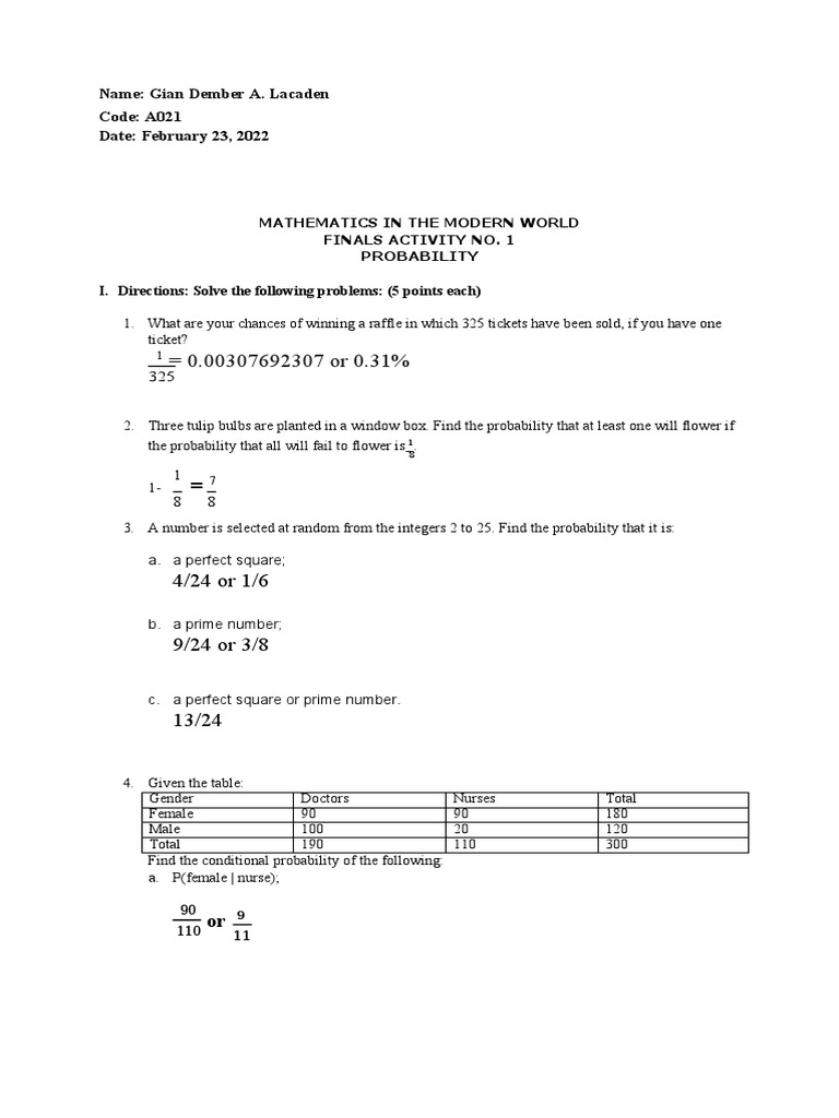 MMW Finals Activity | PDF | Science | Statistical Inference MMW Finals Activity | PDF | Science | Statistical Inference