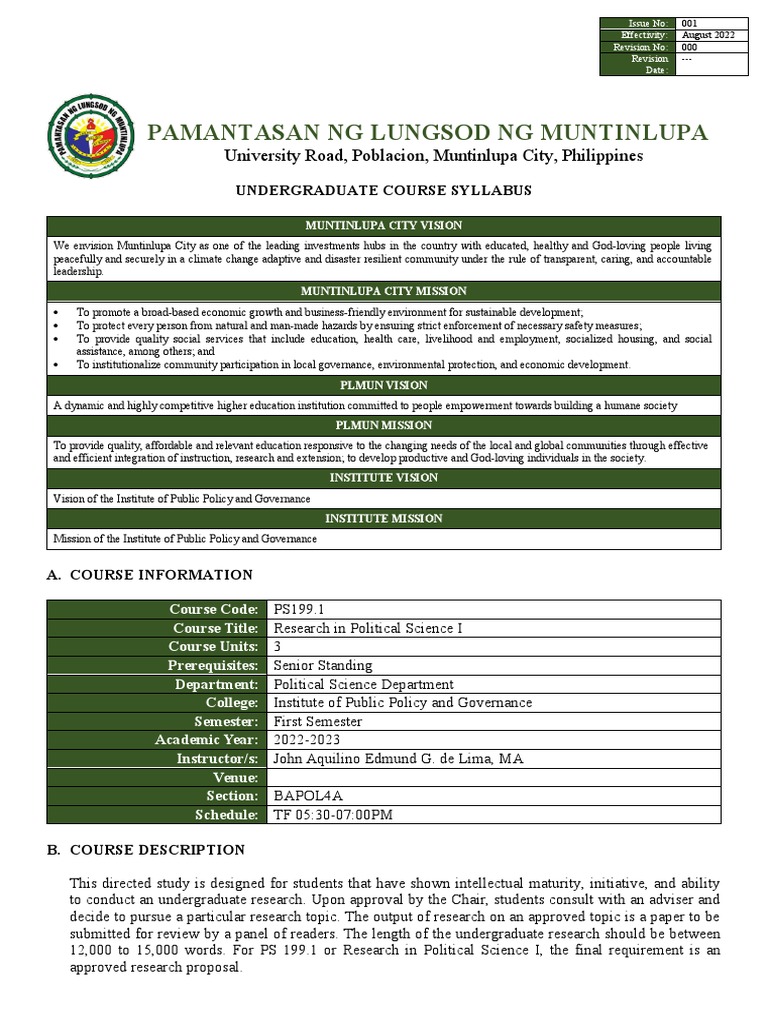 PS199.1 - Research in Political Science I - Course Syllabus Effective ...