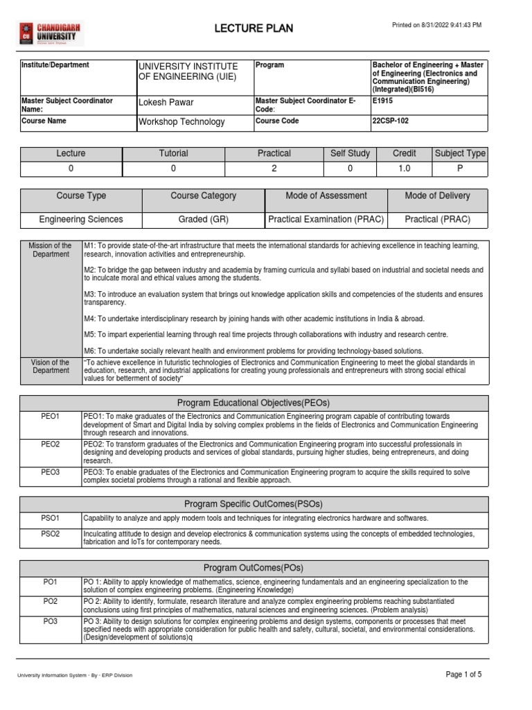 LecturePlan BI516 22CSP-102 | PDF | Engineering | Design