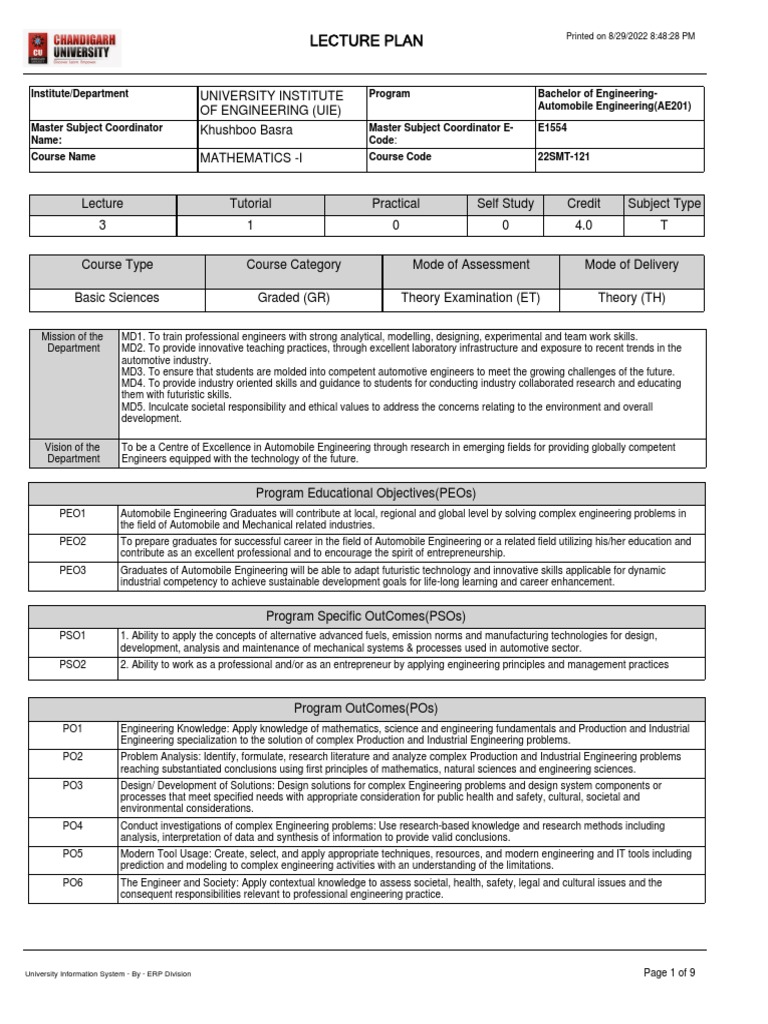 LecturePlan AE201 22SMT-121 | PDF | Mathematics | Matrix (Mathematics)