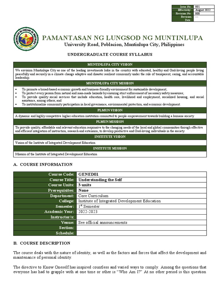 Understanding the Self Syllabus | PDF | Identity (Social Science) | Self