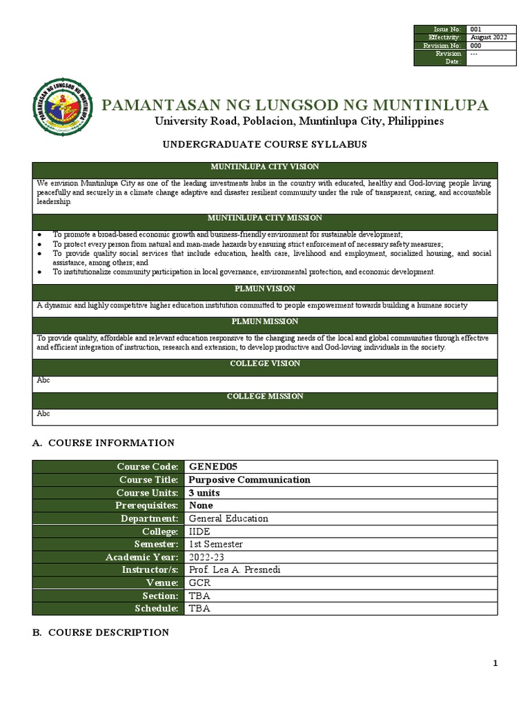 GENED05 - Purposive Communication - Standard Course Syllabus Effective ...