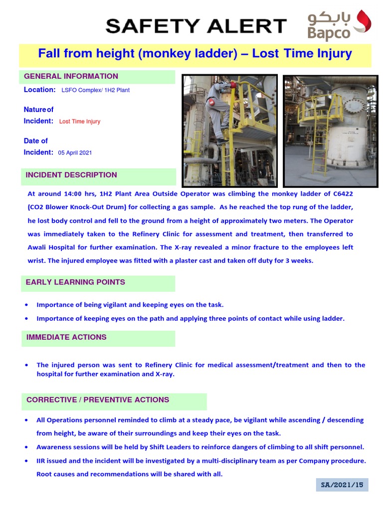 Safety Alert - Fall From Height (Monkey Ladder) Lost Time Injury 2021 ...