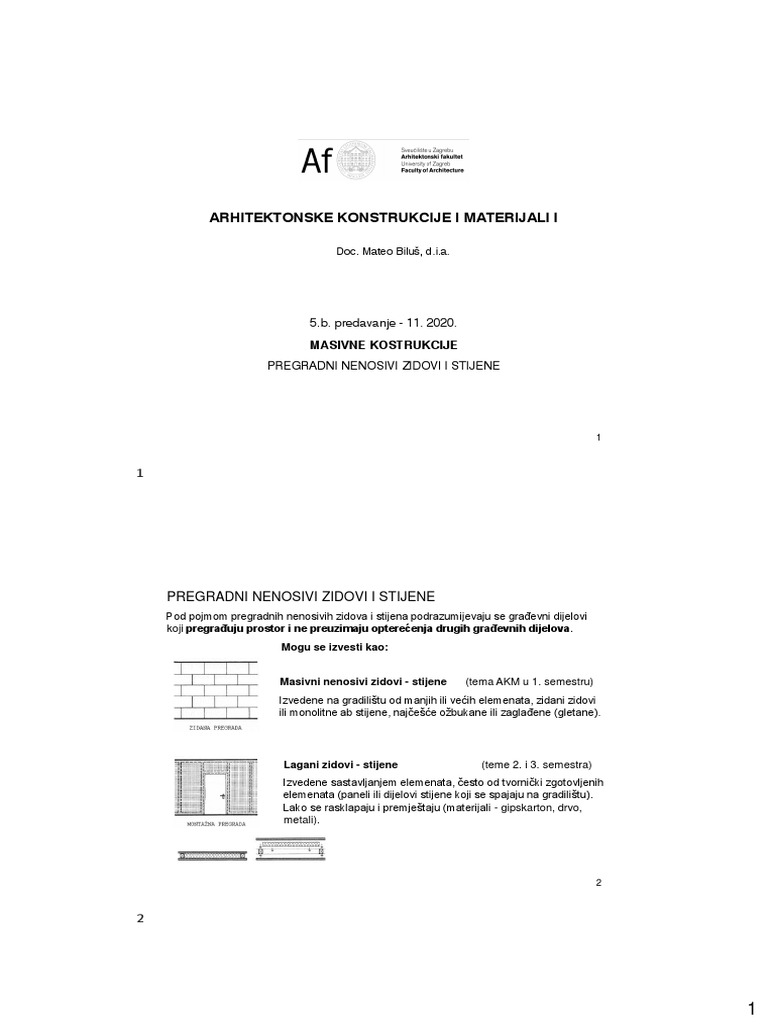 AKM1 05b Masivne Konstrukcije PREGRADNI NENOSIVI ZIDOVI 2020 21 | PDF