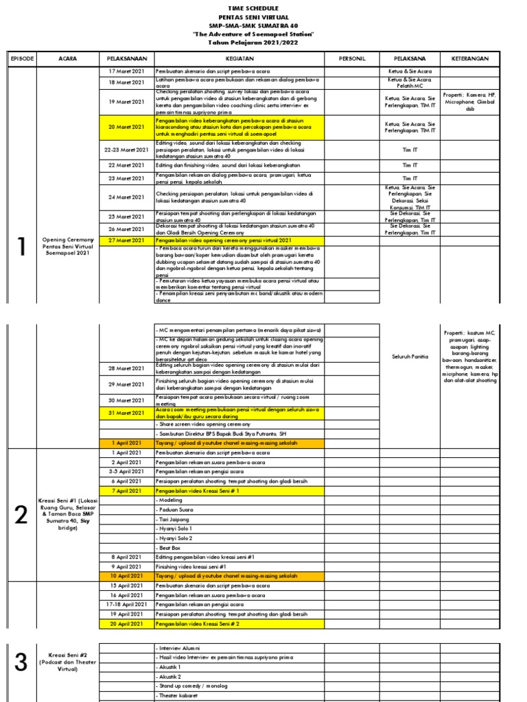 Draft Time Schedule Pentas Seni Virtual Soemapoel 2021 | PDF