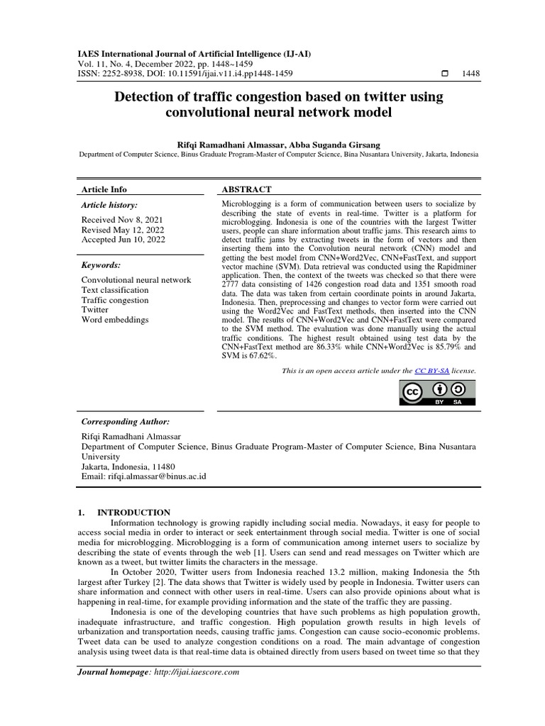 Detection Of Traffic Congestion Based On Twitter Using Convolutional Neural Network Model Pdf 