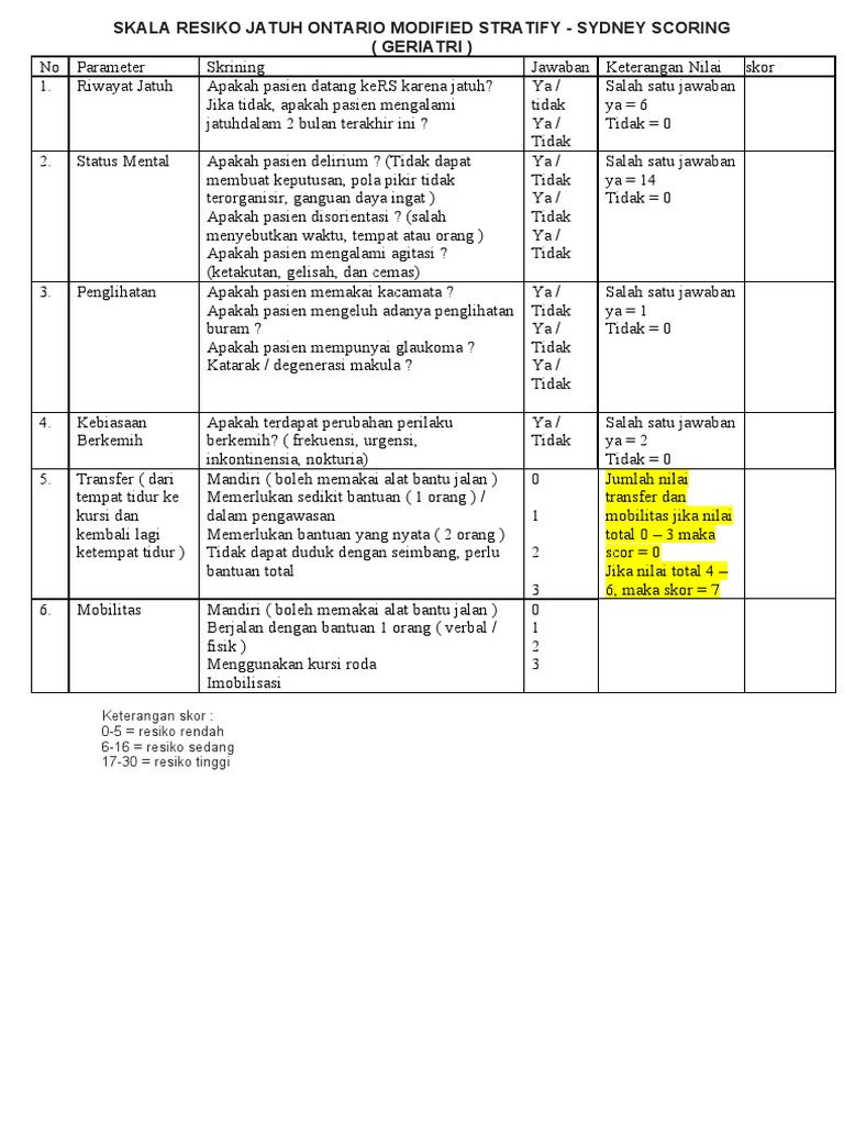 Skala Resiko Jatuh Ontario Modified Stratify | PDF