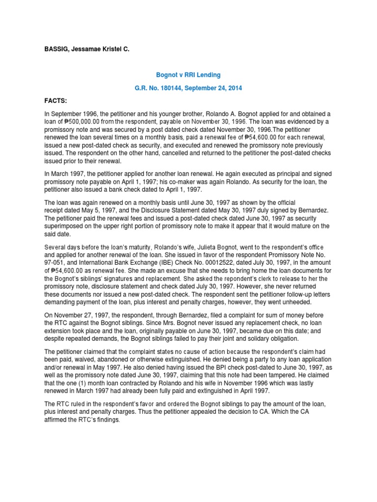 Bognot v RRI Lending: G.R. 180144 Summary | PDF | Loans | Payments