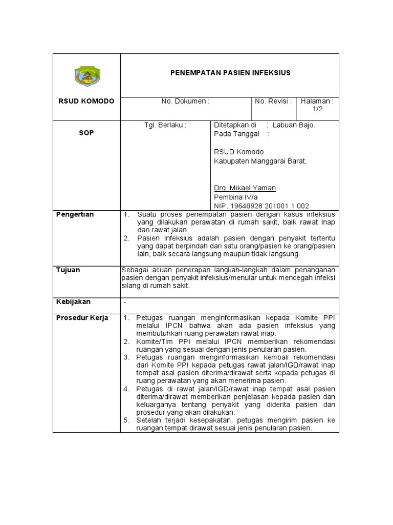 SOP Penempatan Pasien Infeksius | PDF