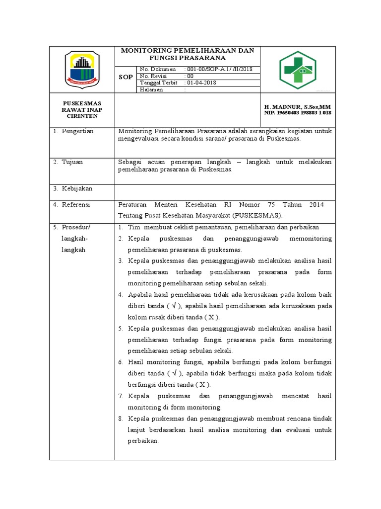 2.1.4 Monitoring Pemeliharaan Dan Fungsi Prasarana Puskesmas | PDF